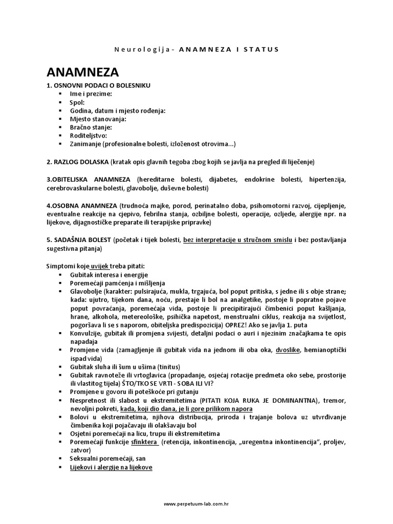 Neurologija-Anamneza I Status PDF | PDF