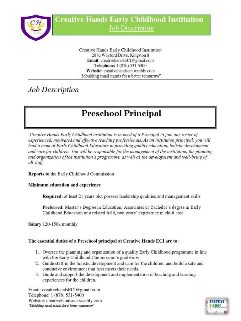 Preschool Principal Job Description | PDF | Early Childhood Education ...