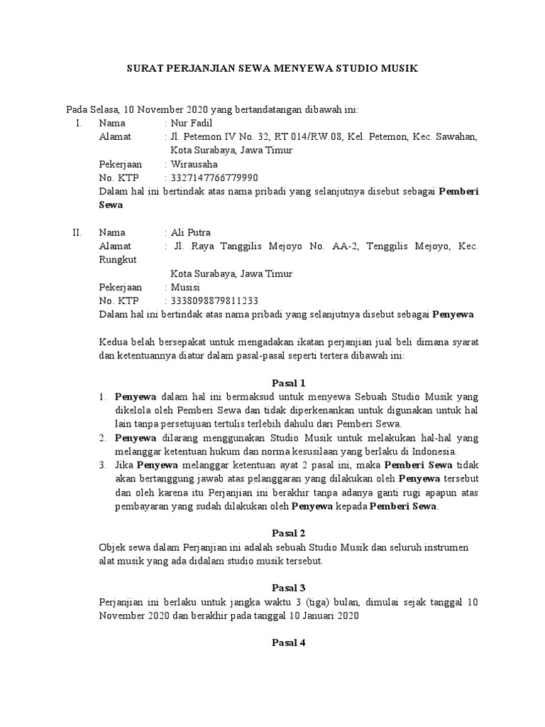 Perjanjian Sewa Studio Musik Surabaya | PDF