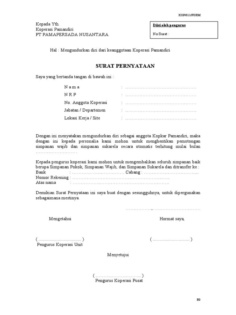 Surat Pengunduran Diri Anggota Koperasi | PDF