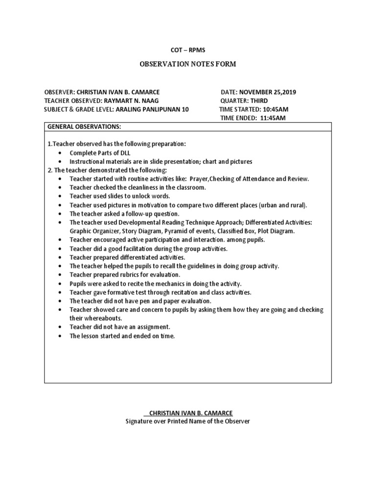 Cot - Rpms Observation Notes Form | PDF | Rubric (Academic) | Teachers