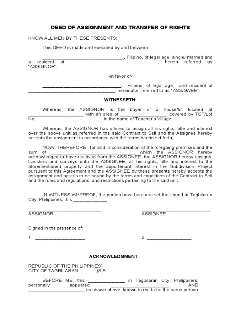 Deed of Assignment and Transfer of Rights | PDF | Assignment (Law ...