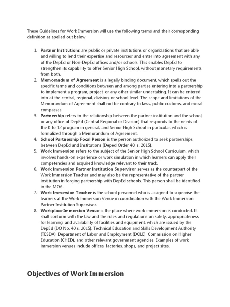 Objectives of Work Immersion | PDF | Curriculum | Educational Assessment