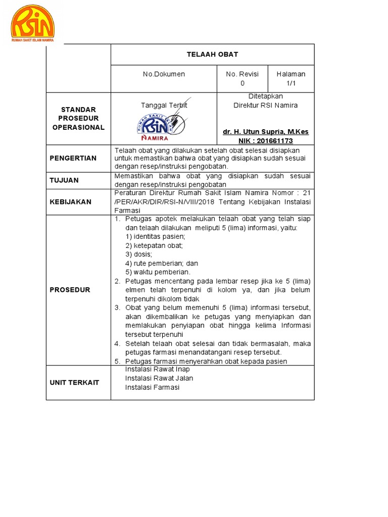Prosedur Telaah Obat di RSI Namira | PDF