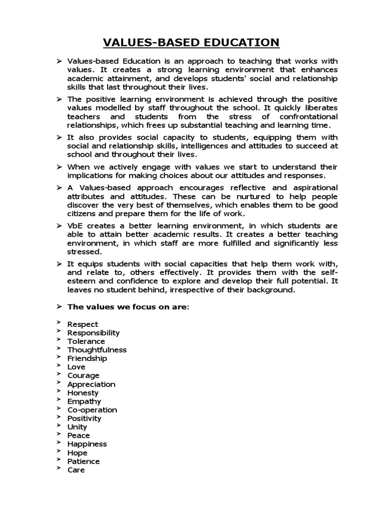 Values Based Education | PDF | Value (Ethics) | Teachers