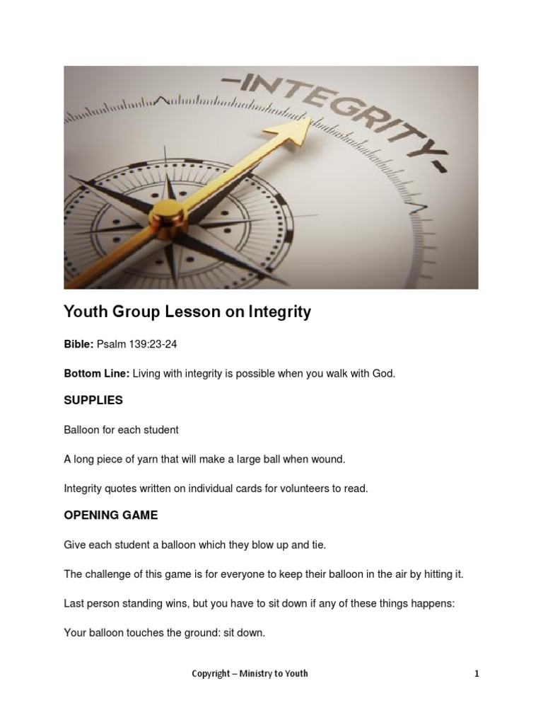 Youth Group Lesson On Integrity: Supplies | PDF | David | Prayer