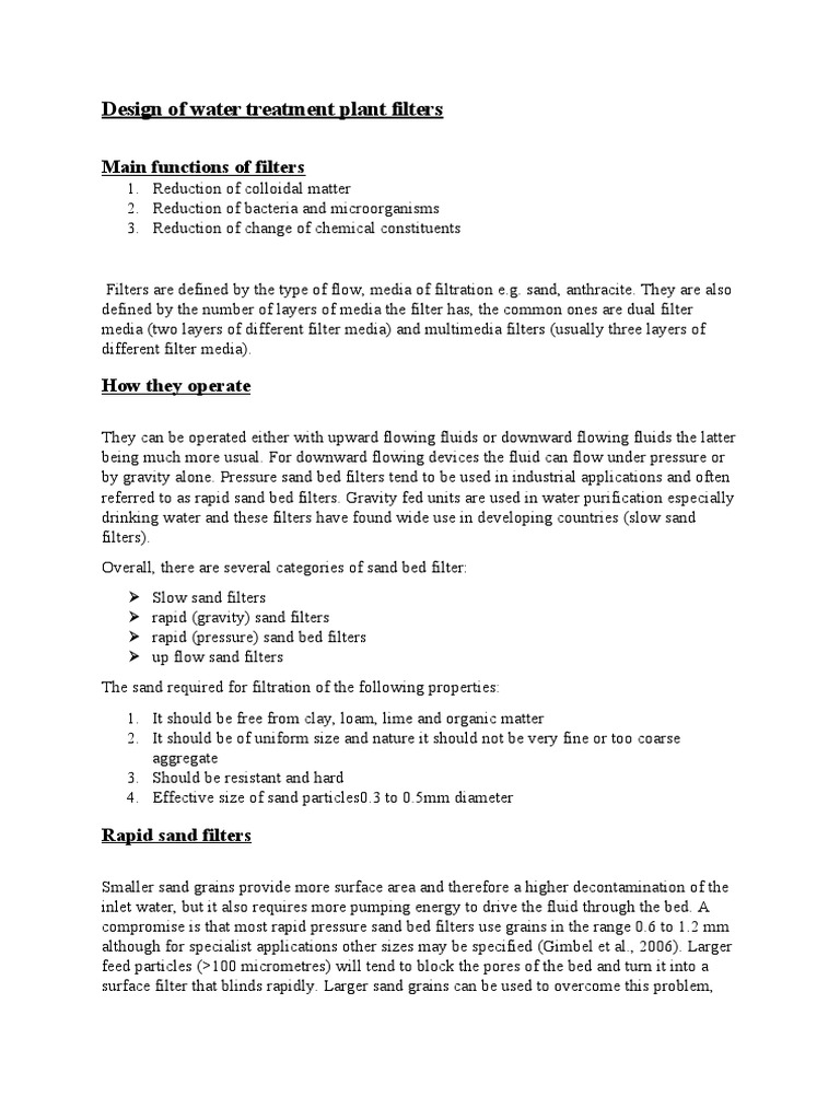 Design of Water Treatment Plant Filters | PDF | Filtration | Chemical ...
