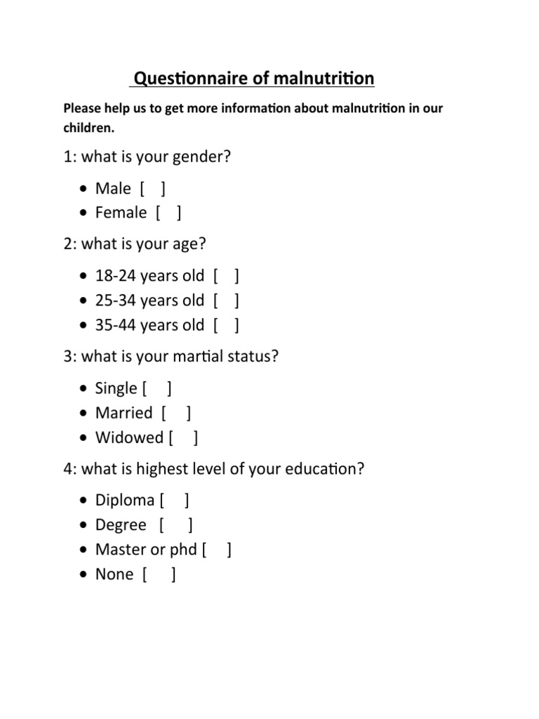 Questionnaire of Malnutrition | PDF