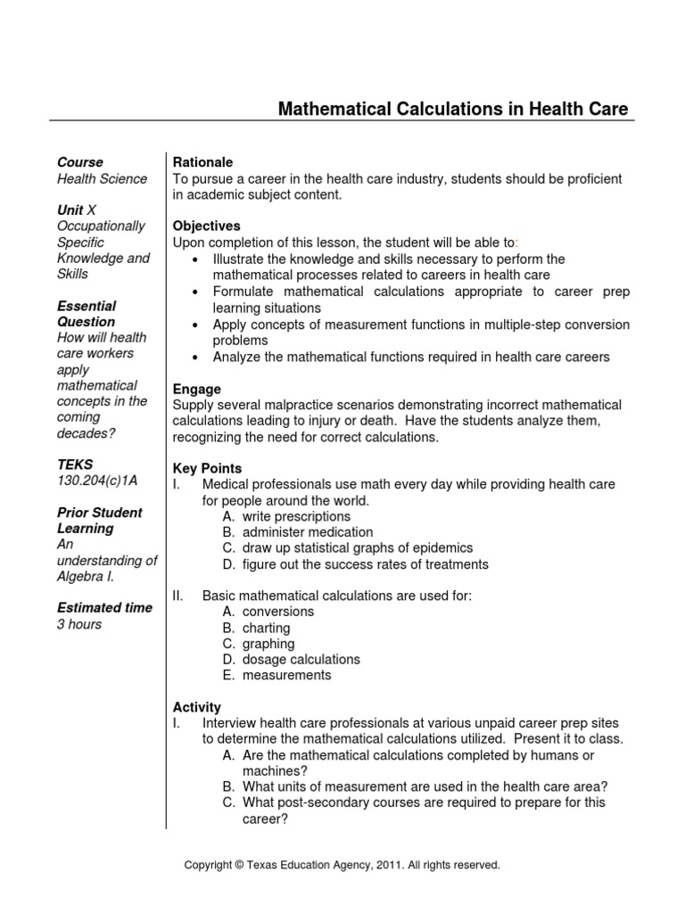 Mathematical Calculations in Health Care | PDF | Wellness | Science ...