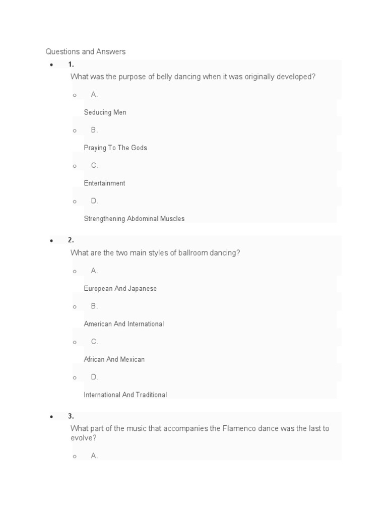 Dance Quiz Questions and Answers | PDF | Dances | Performing Arts