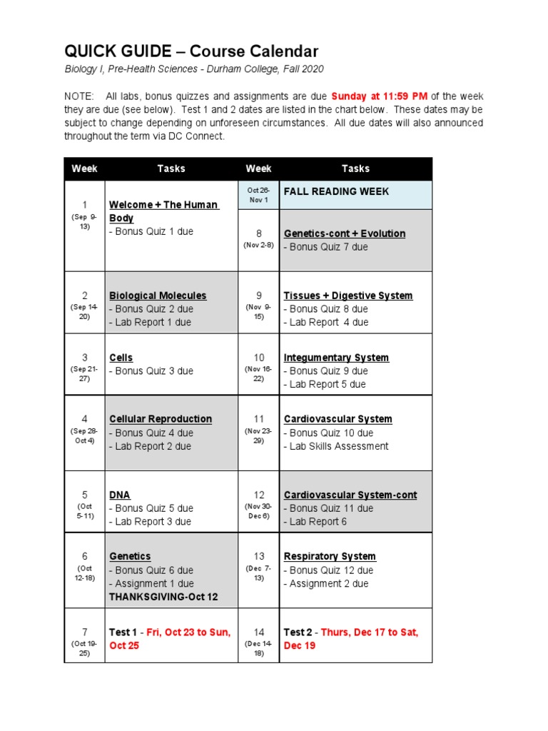Biology I Course Calendar Fall 2020 | PDF | Science & Mathematics