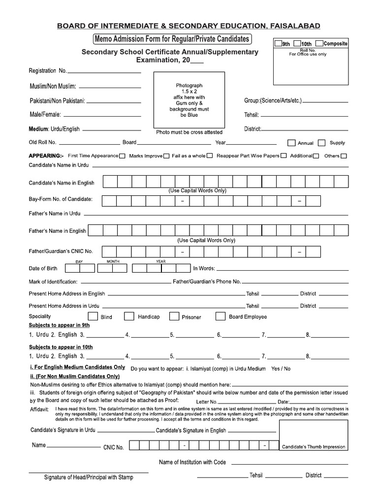 Memo Admission Form For Regular/Private Candidates: Secondary School ...