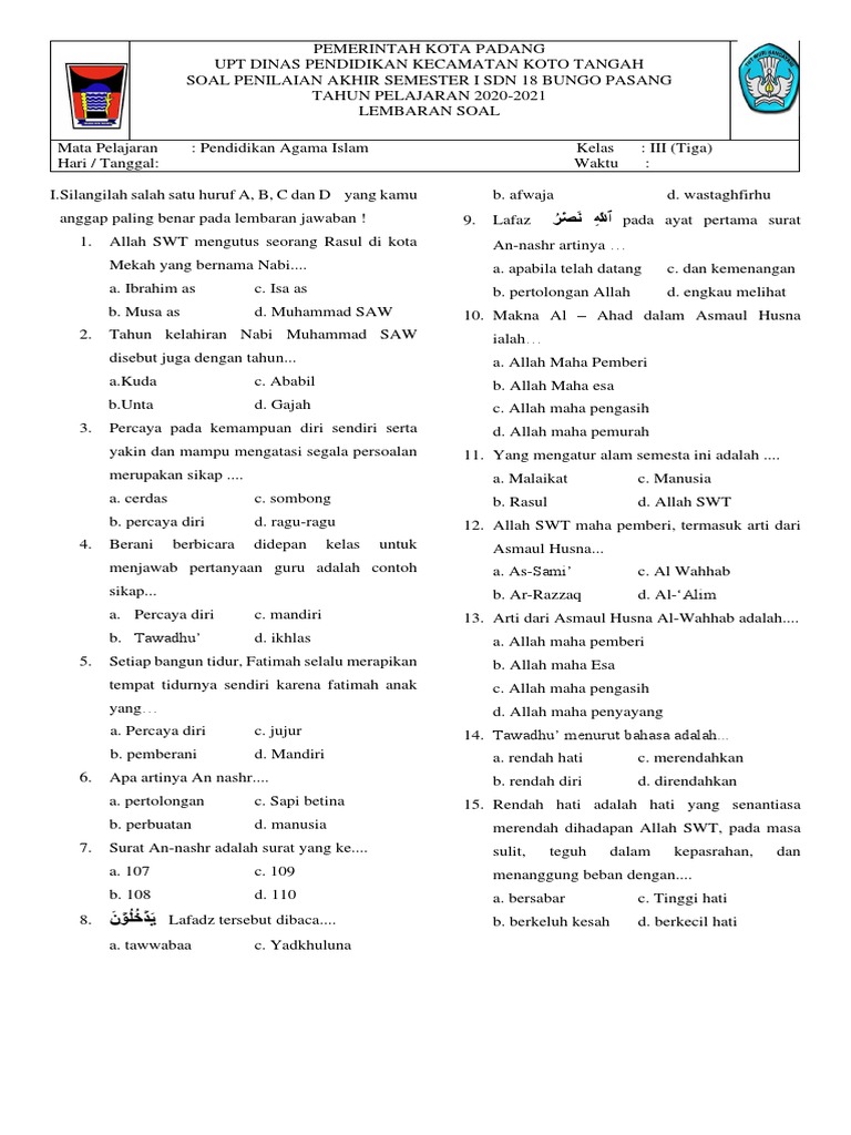 Soal Pas Kelas 3 Pai TP 2020 Ok | PDF