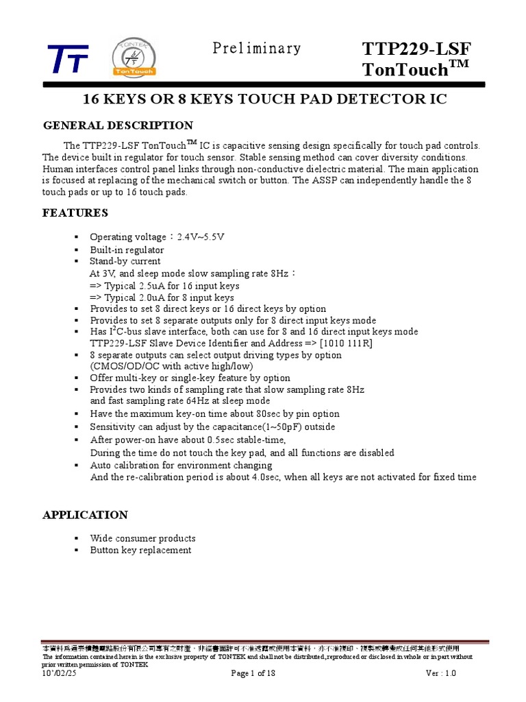 TTP229-LSF Capacitive Touch IC Overview | PDF | Power Supply | Digital ...
