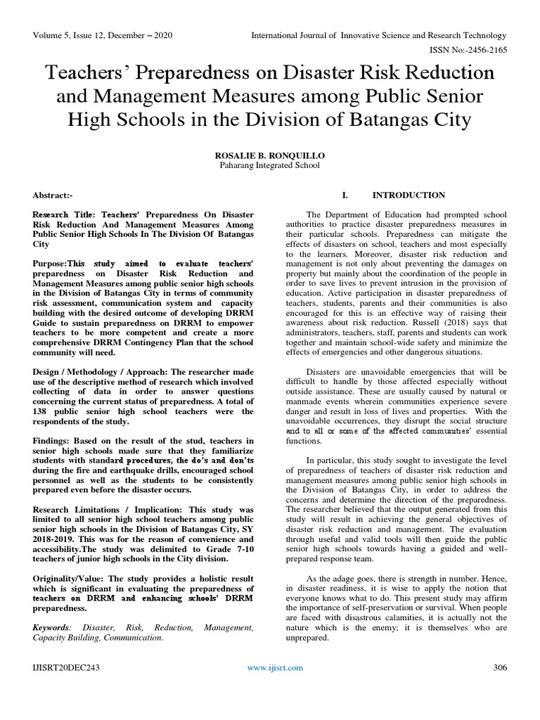 Teachers' Preparedness On Disaster Risk Reduction and Management ...