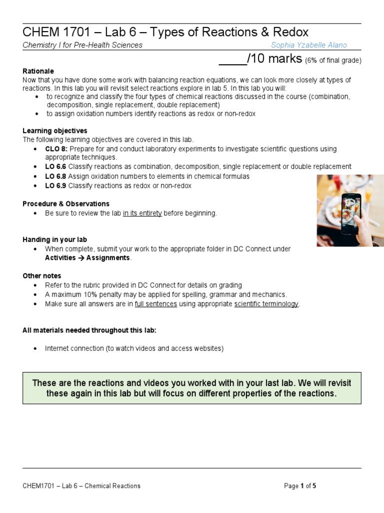 CHEM 1701 - Lab 6 - Types of Reactions & Redox - /10 Marks | PDF ...