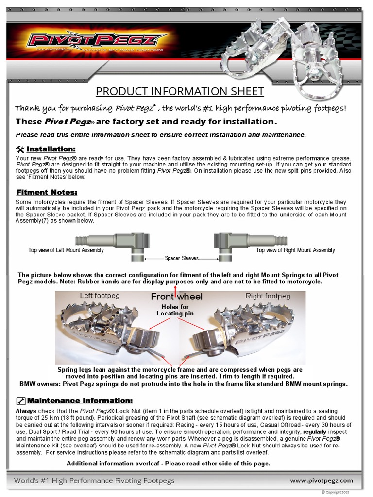 Product Information Sheet: Pivot Pegz | PDF | Motorcycle | Nut (Hardware)