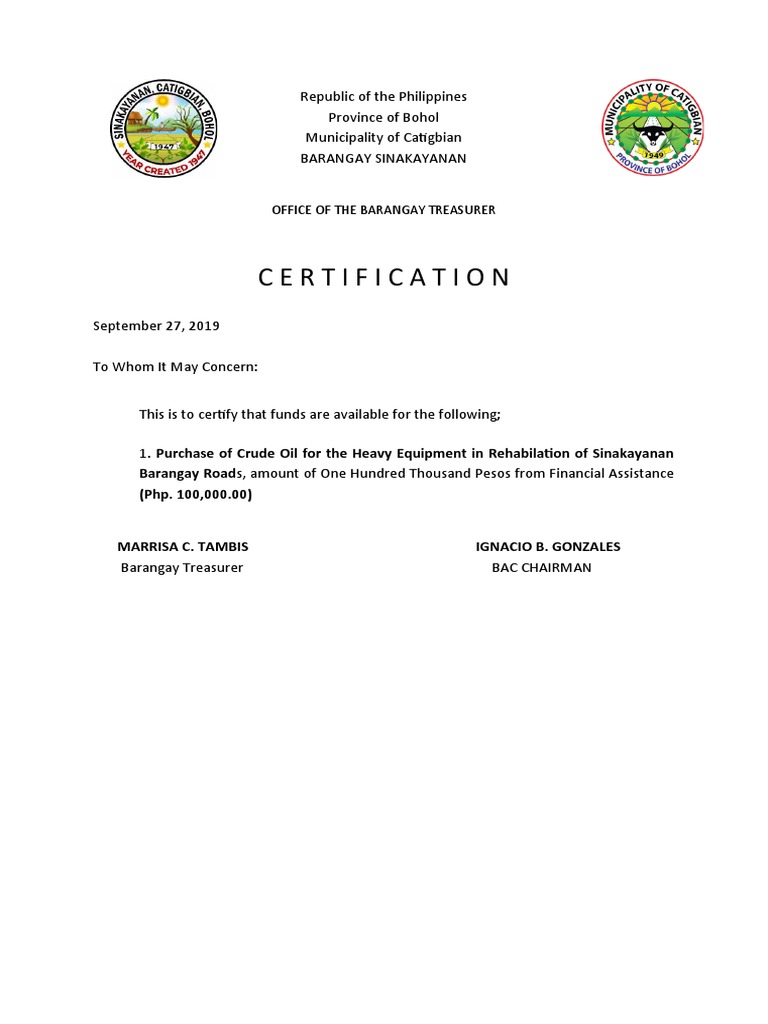 Certification: Office of The Barangay Treasurer | PDF