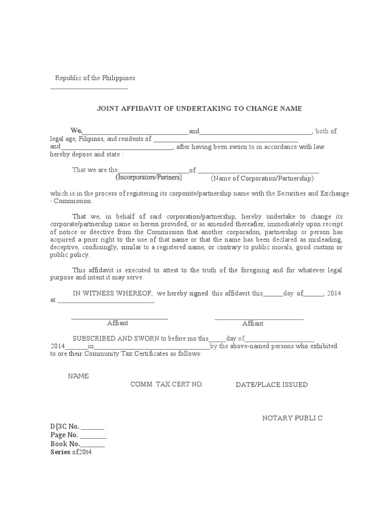 Joint Undertaking To Change Name Registration | PDF