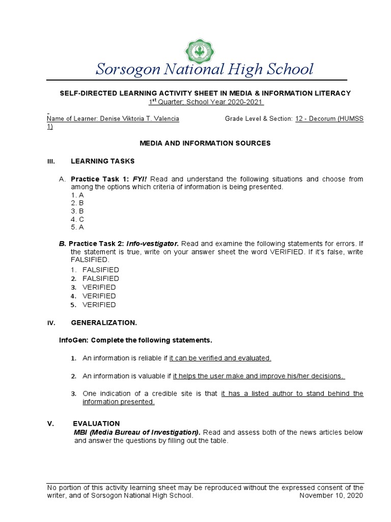 Sorsogon National High School: Self-Directed Learning Activity Sheet in ...