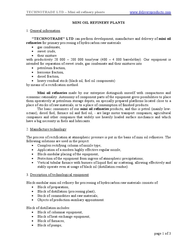 Mini Oil Refinery Plant PDF | PDF | Oil Refinery | Petroleum