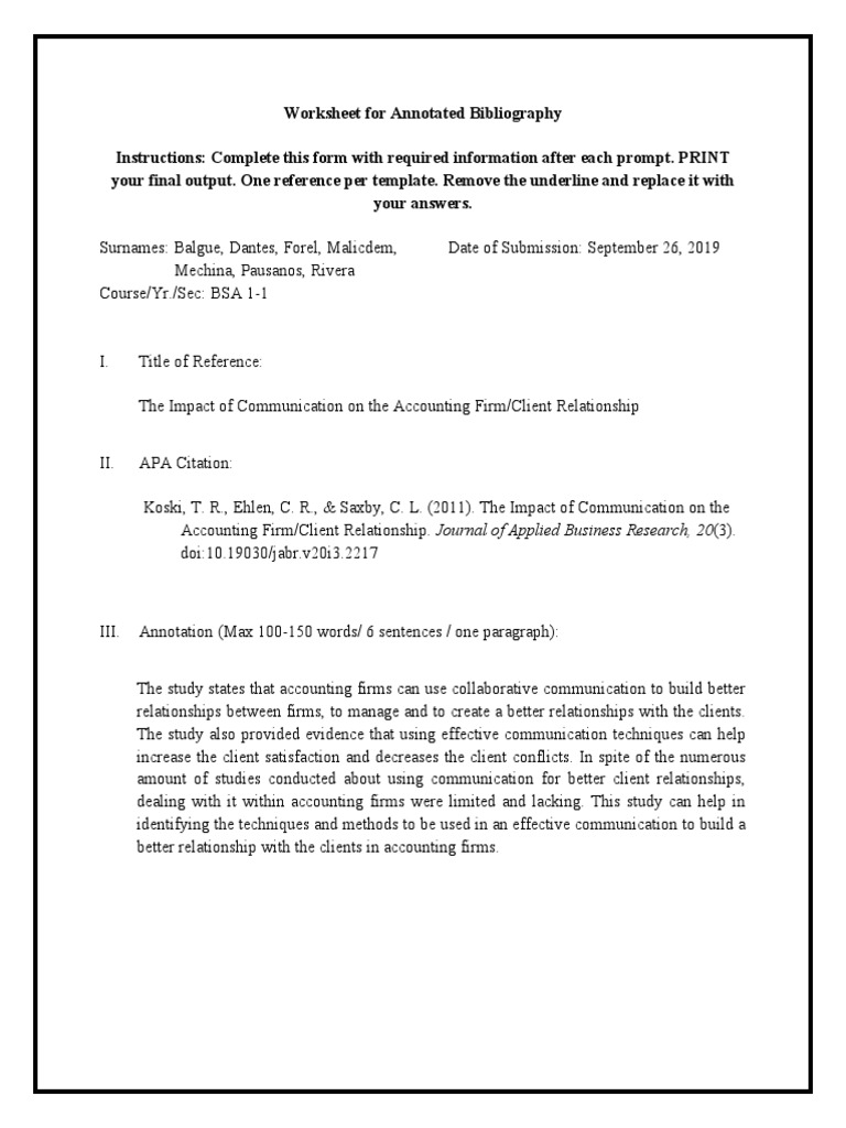 Annotated Bibliography Worksheet | PDF | Information | Citation
