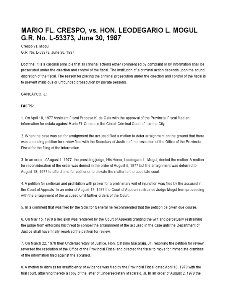Mario Fl. Crespo, vs. Hon. Leodegario L. Mogul G.R. No. L-53373, June 30, 1987 | PDF | Probable ...