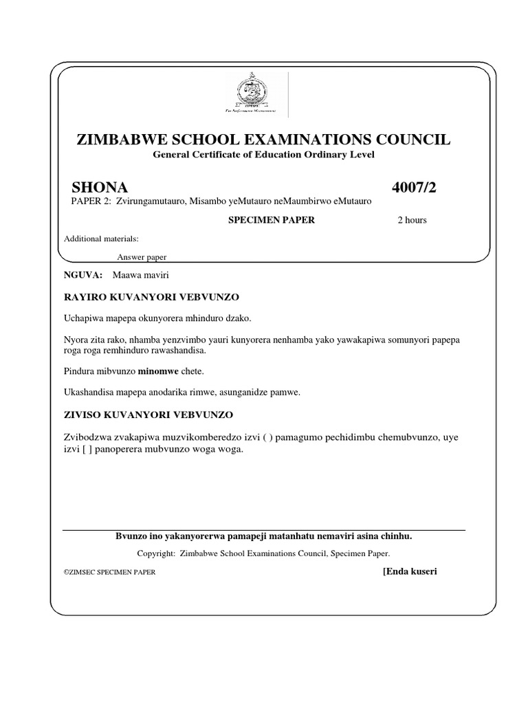 Zimbabwe School Examinations Council: General Certificate of Education ...