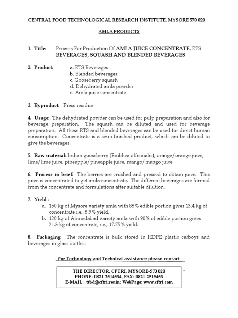 AMLA JUICE CONCENTRATE AND BEVERAGE PRODUCTION PROCESS | PDF