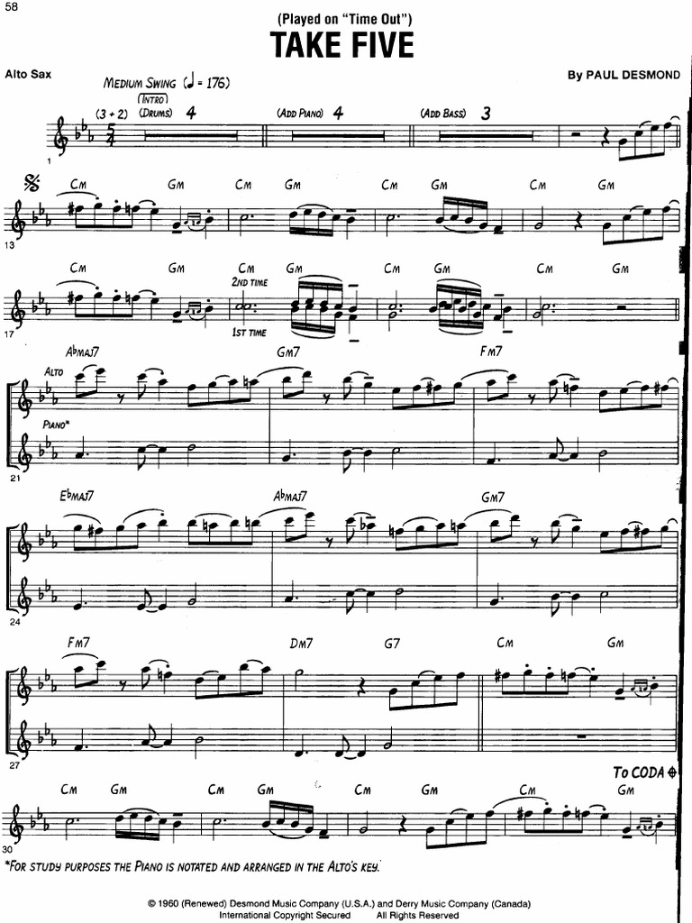 Paul Desmond - Take Five (Alto Sax) | PDF