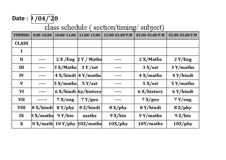 Class Schedule (Section/timing/ Subject) : Date: 9 /04/'20 | PDF ...