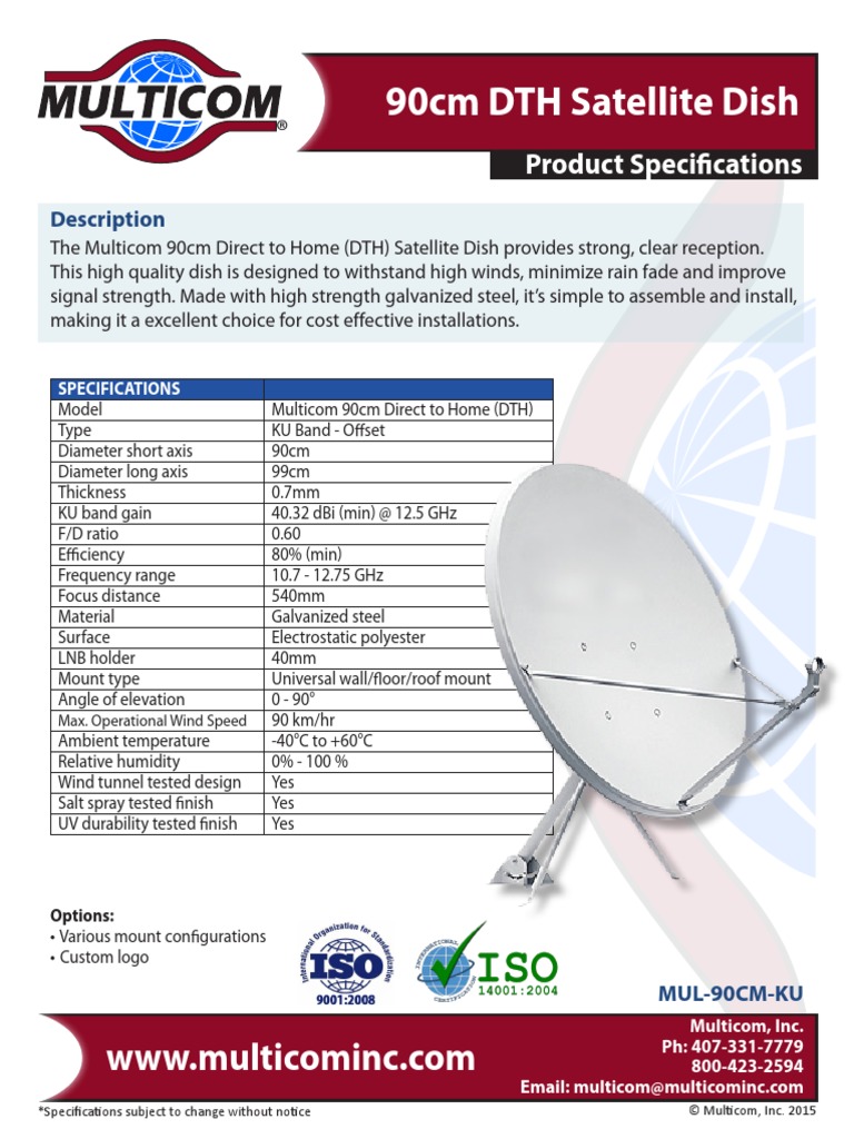 90cm DTH Satellite Dish: Product Specifications | PDF