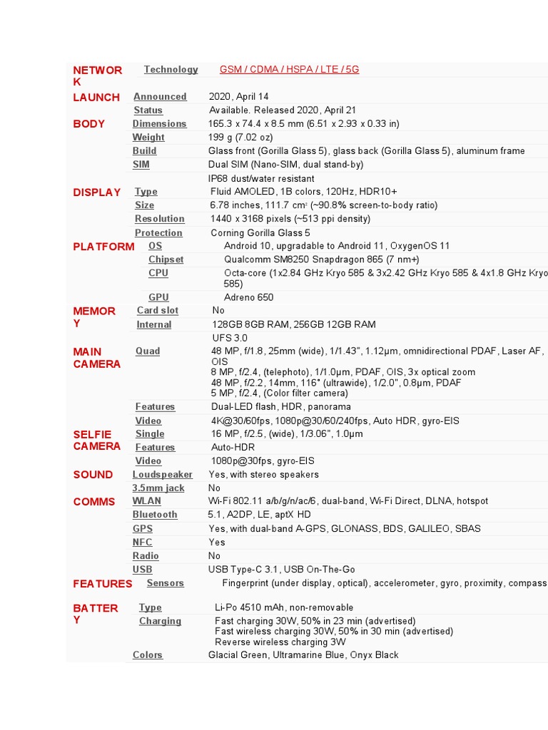 OnePlus 8 Pro Specifications Overview | PDF | Mobile Telecommunications ...