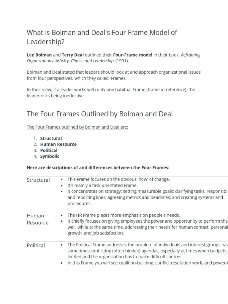 Bolman and Deal's Four Frame Model Explained | PDF | Leadership ...