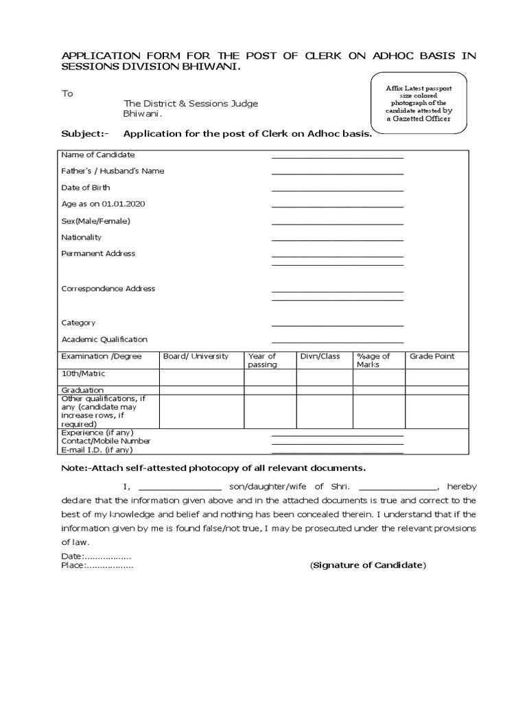 Application Form For The Post of Clerk On Adhoc Basis in Sessions ...