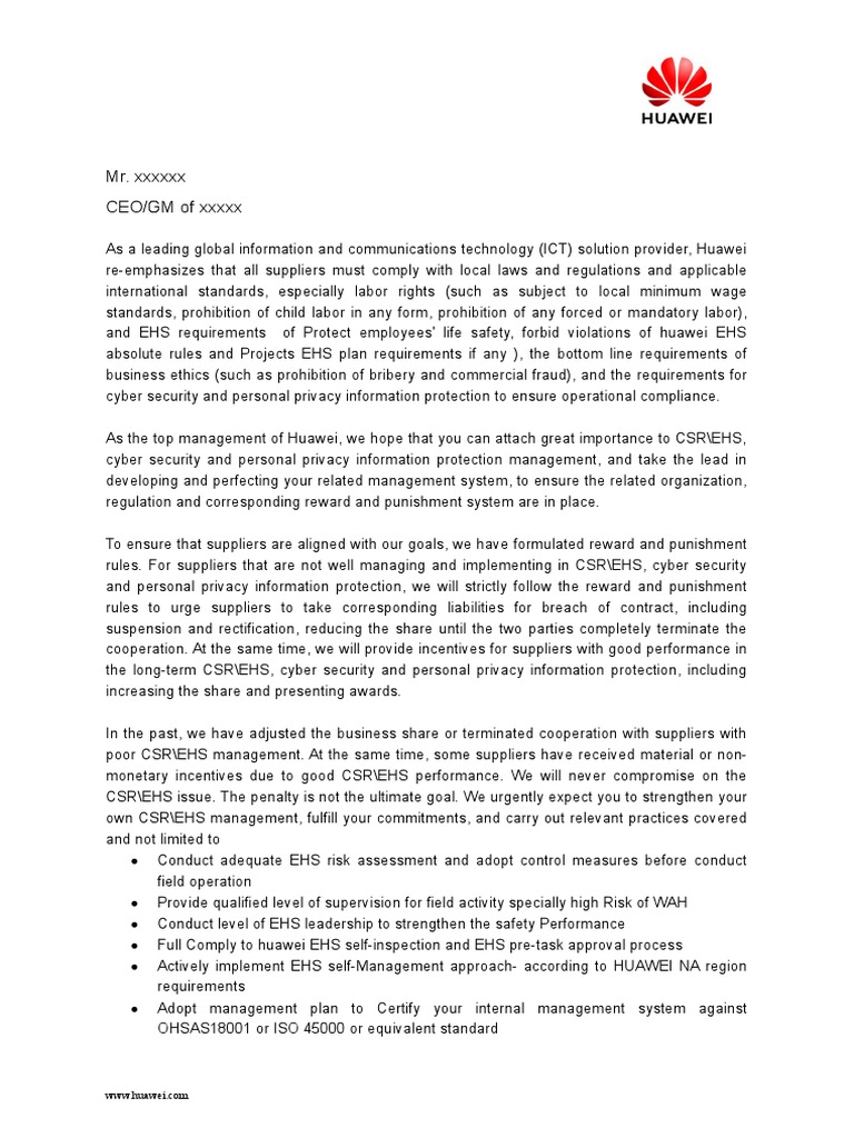A Template of The Letter To Subcon High Management - (CSR) V4. | PDF | Corporate Social ...