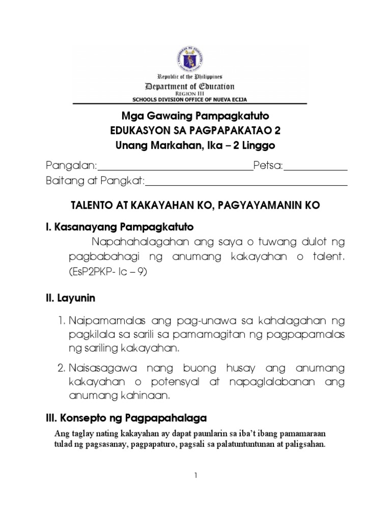 ESP2 - LAS - q1 - w2 - Talento at Kakayahan Ko Pagyayamanin Ko | PDF