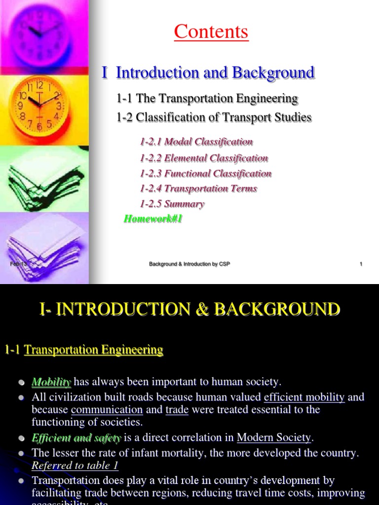 I Introduction and Background: 1-1 The Transportation Engineering 1-2 ...