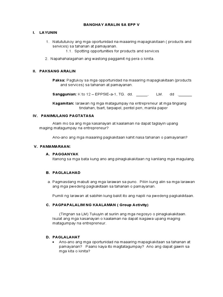 Banghay Aralin Sa Epp V | PDF