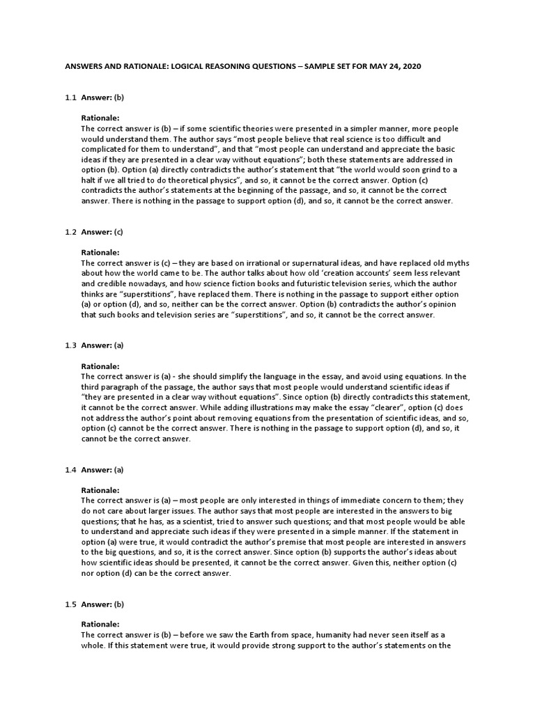 Answers and Rationale: Logical Reasoning Questions - Sample Set For May ...
