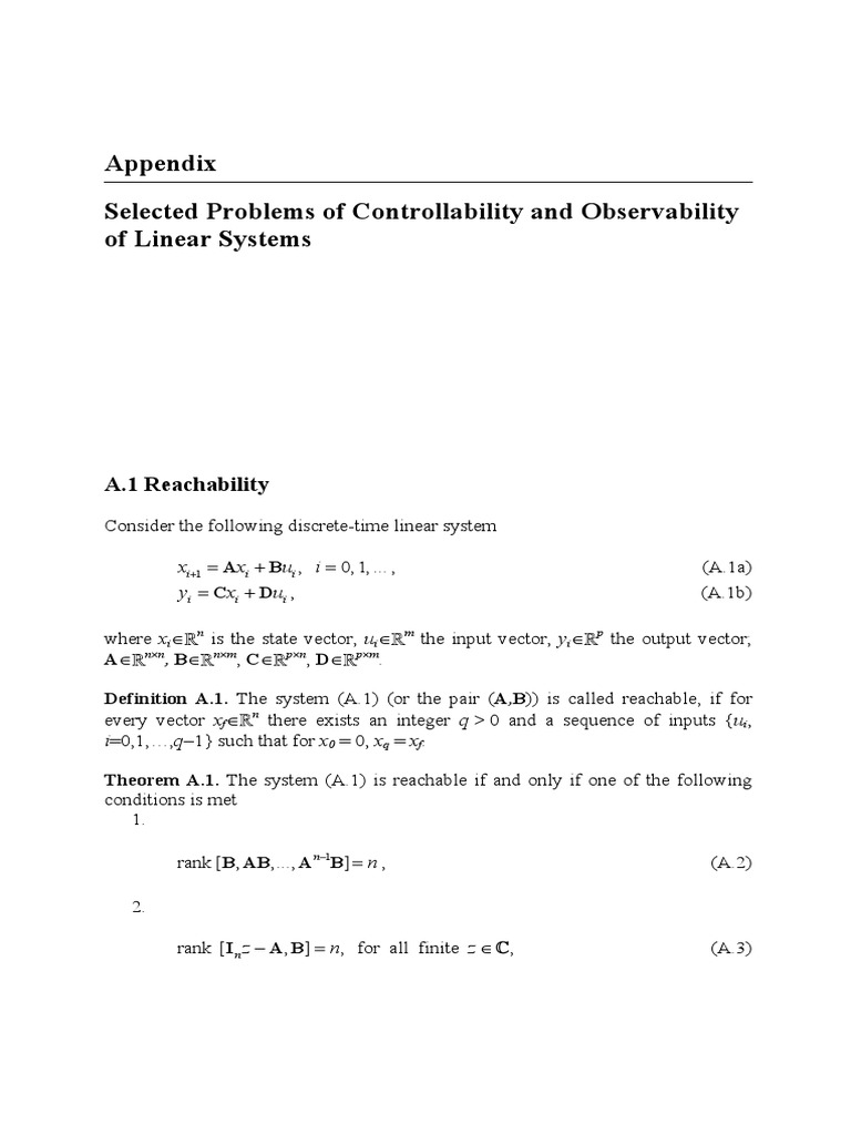 Appendix Selected Problems of Controllability and Observability of ...