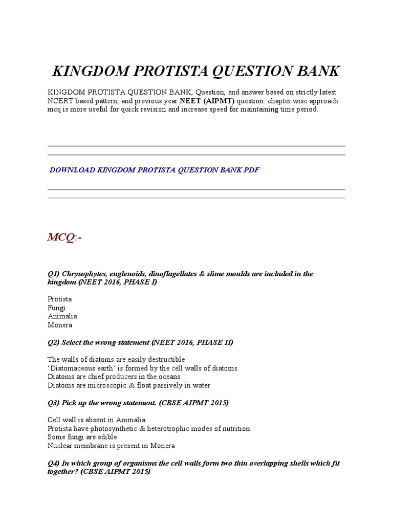 Kingdom Protista Question Bank | PDF | Cyanobacteria | Eukaryotes