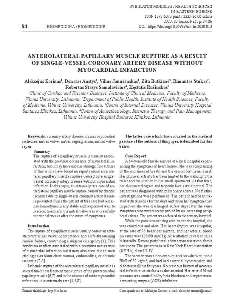Anterolateral Papillary Muscle Rupture As A Result of Single-Vessel ...