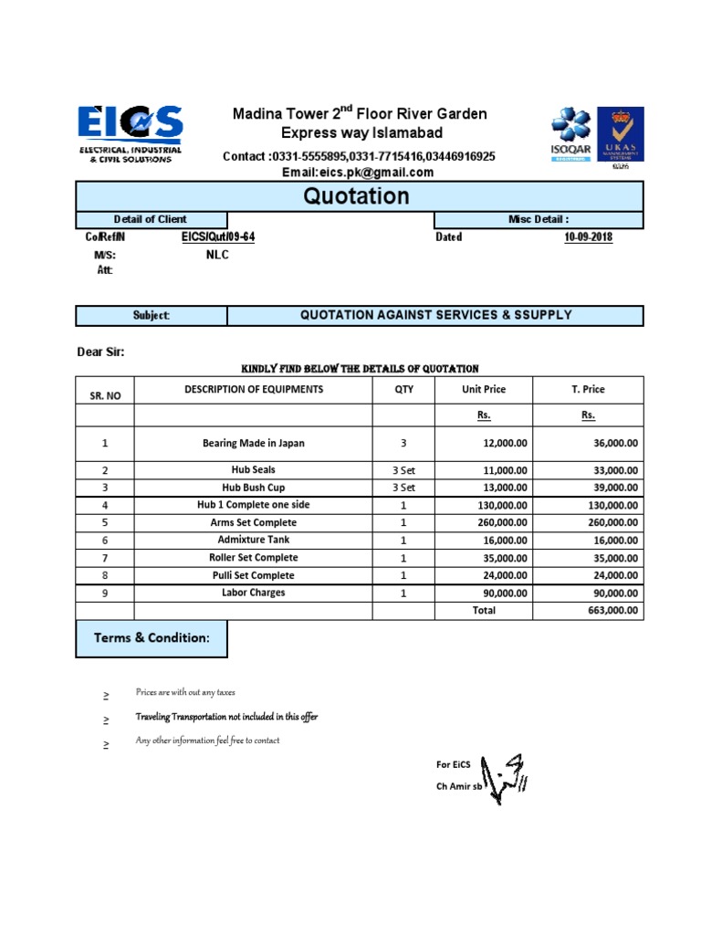 Quotation for the Supply and Services of Construction Equipment Parts ...