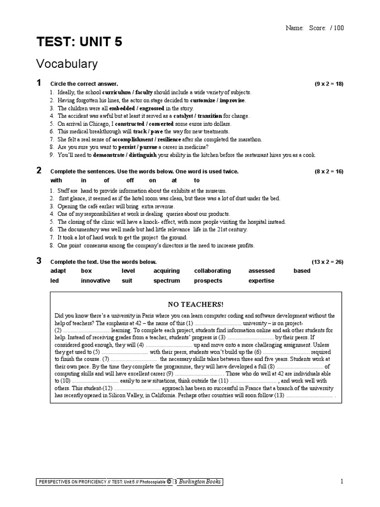 Test: Unit 5: Vocabulary | PDF | University | Teachers