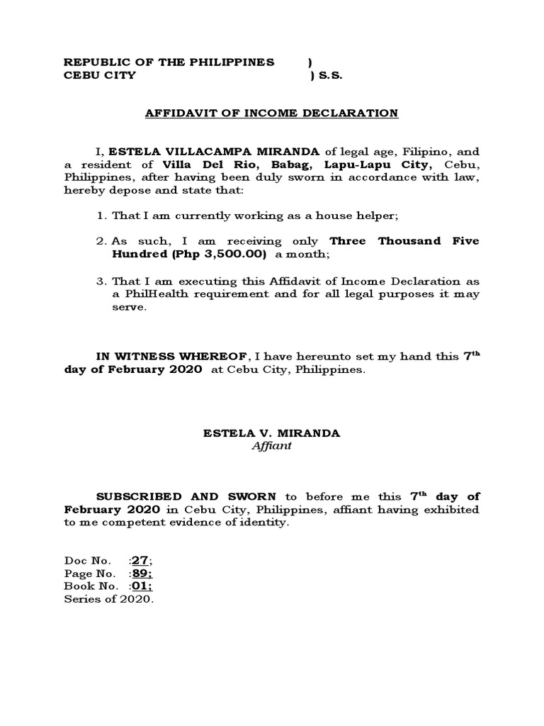Affidavit of Income Declaration (Philhealth) | PDF