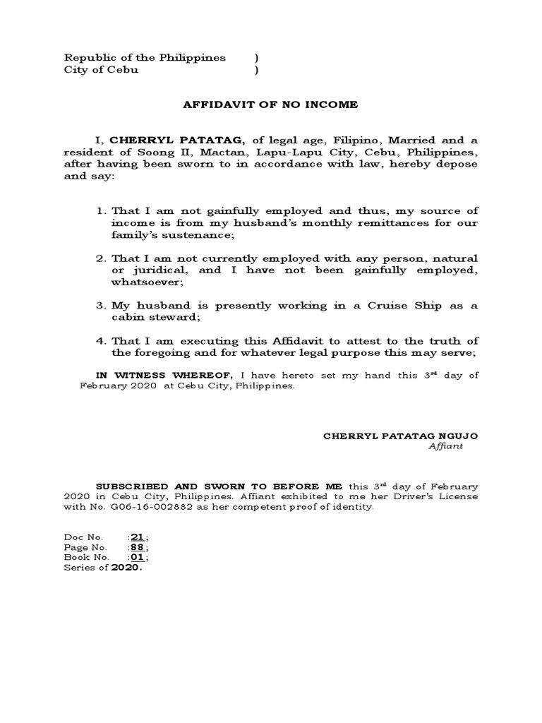 Affidavit of No Income (Philhealth) | PDF
