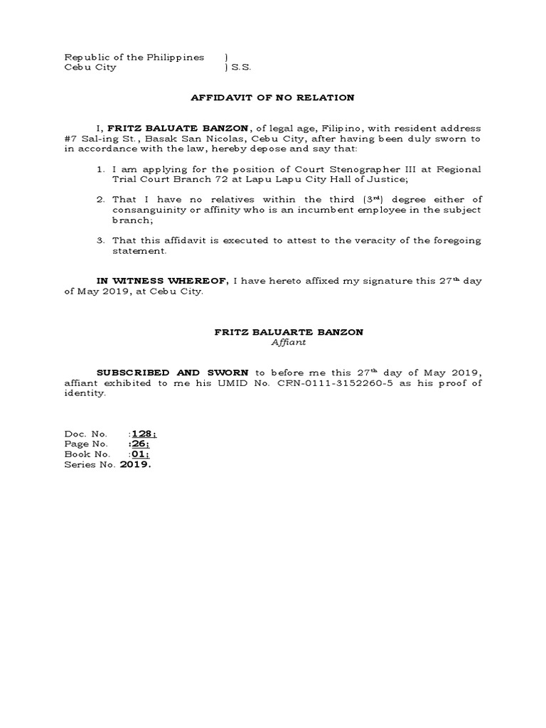 Affidavit of No Relation for Employment | PDF