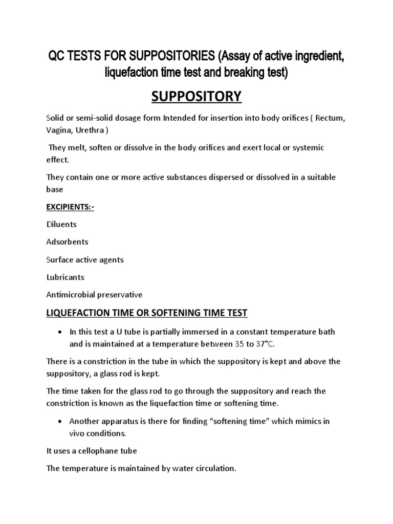Suppositories (Assay of Active, Liquefaction, Breaking Test) | PDF