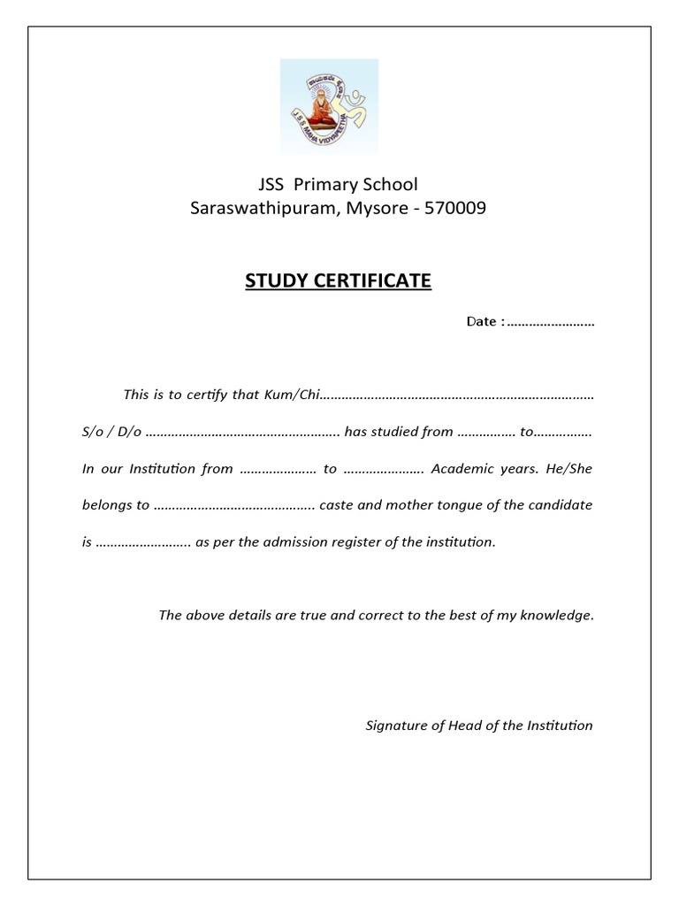 Study Certificate: JSS Primary School Saraswathipuram, Mysore - 570009 ...